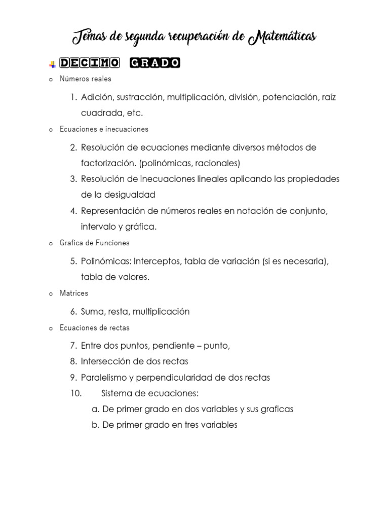 Matemáticas Décimo Grado: Números Reales y Ecuaciones | PDF