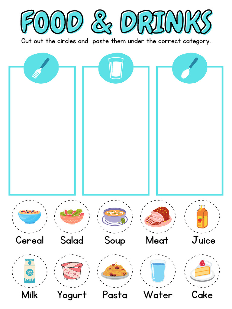 Food and Drinks Cut and Paste Worksheet in Blue White Cute Style | PDF