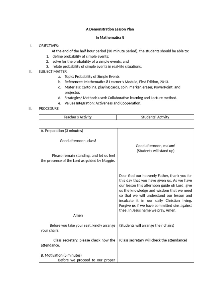 Probability Lesson Plan for Grade 8 | PDF | Probability