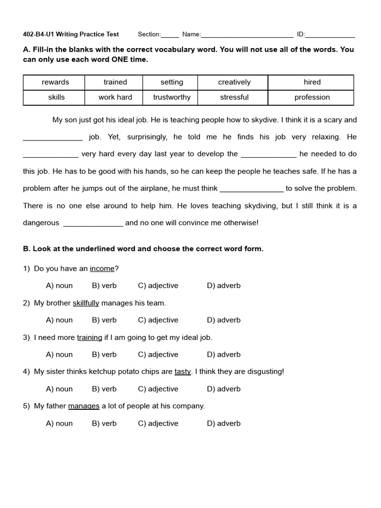 402-B4-U1 Practice Writing Test | PDF | Adverb | Verb