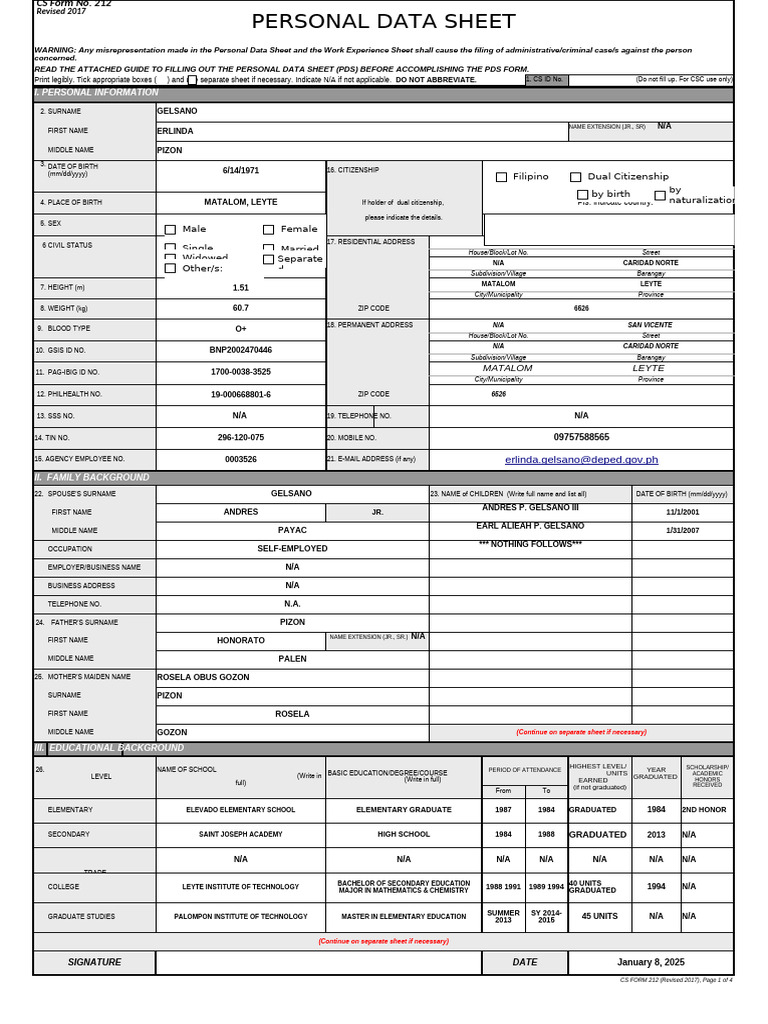 032117 CS Form No. 212 revised Personal Data Sheet_new - Copy | PDF