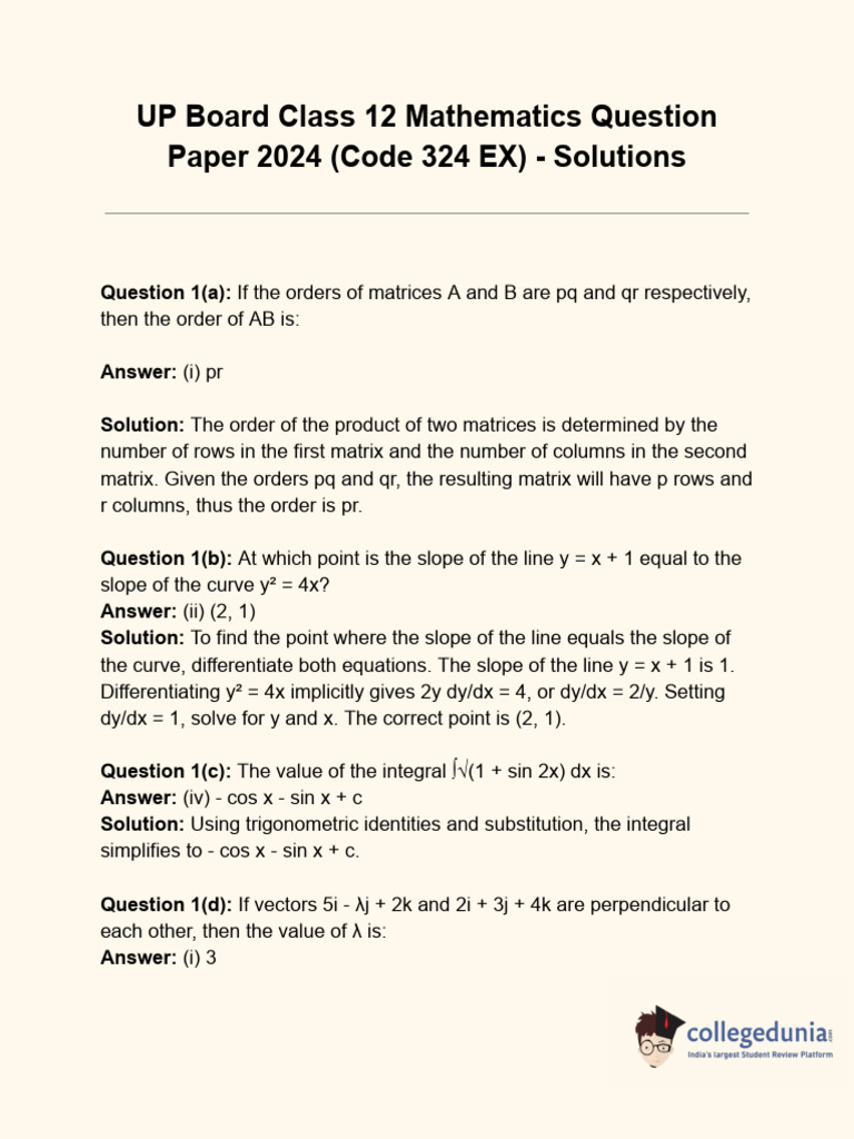 UP Board Class 12 Math 2024 Solutions | PDF | Matrix (Mathematics ...