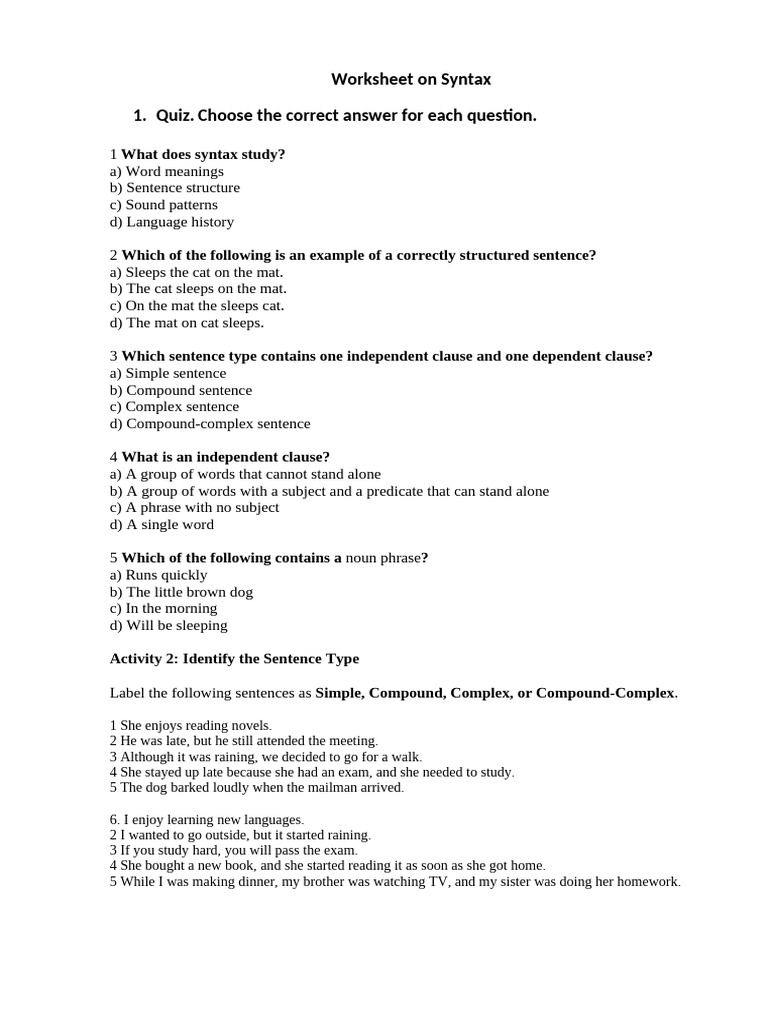 4. Worksheet on Syntax | PDF | Sentence (Linguistics) | Clause