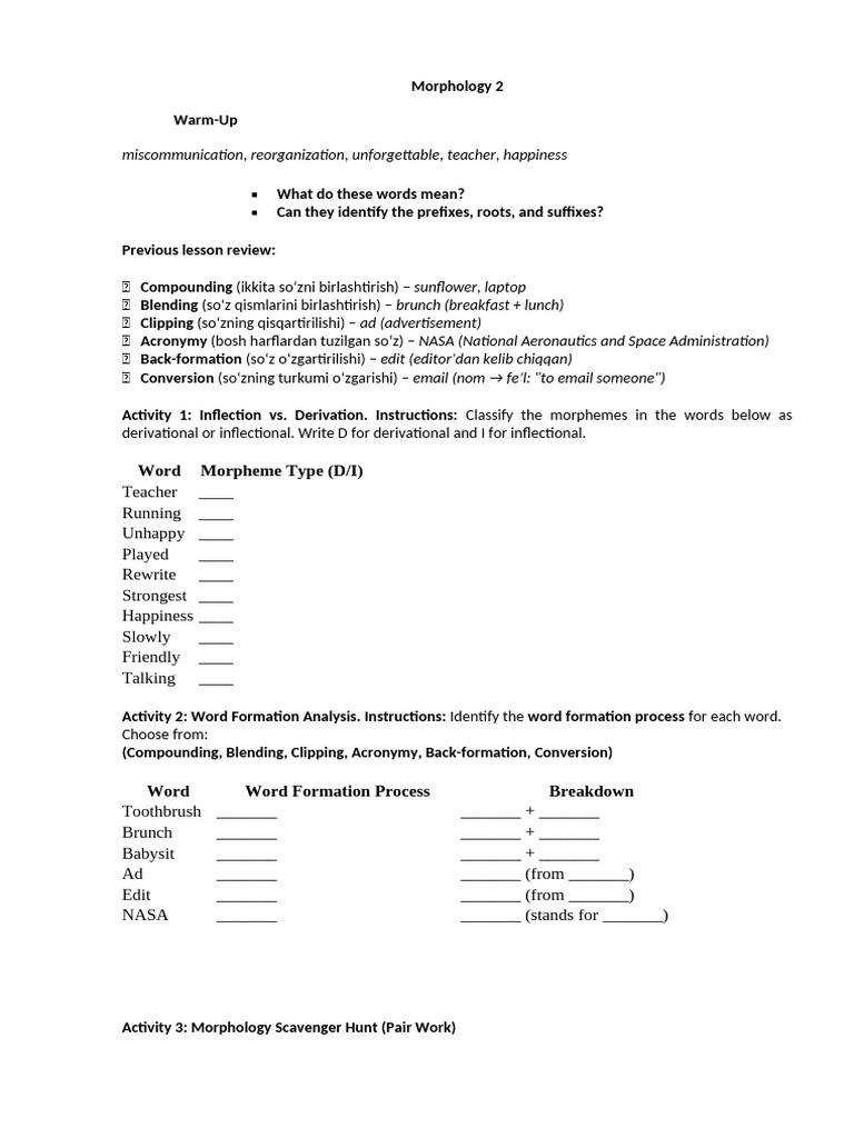 7.morphology 2 Worksheet | PDF | Word | Morphology (Linguistics)