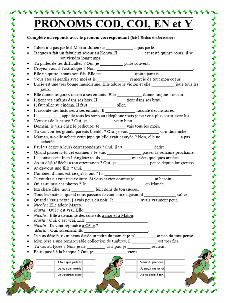 Exercices sur les pronoms COD, COI, en, y | PDF