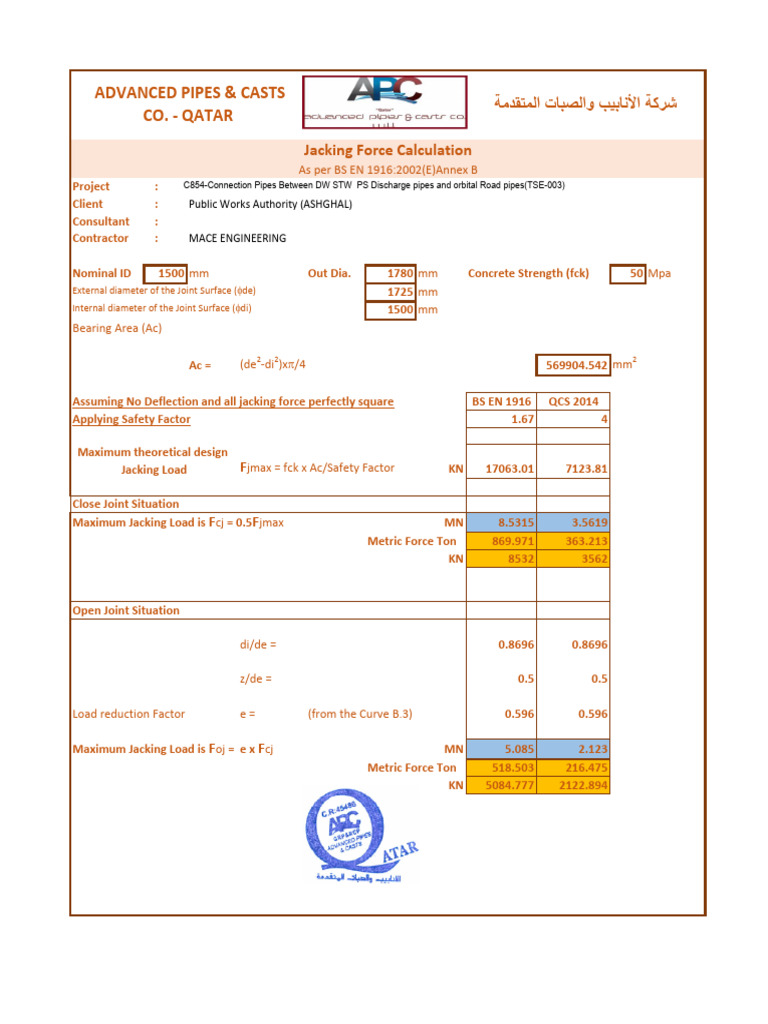 1500mm RC Jacking Pipe_J.F. Calculations (1) | PDF | Applied And Interdisciplinary Physics ...