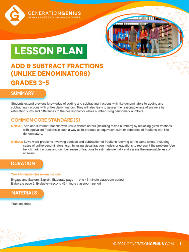 GG - Add and Subtract Fractions Unlike Denominators - LP | PDF ...