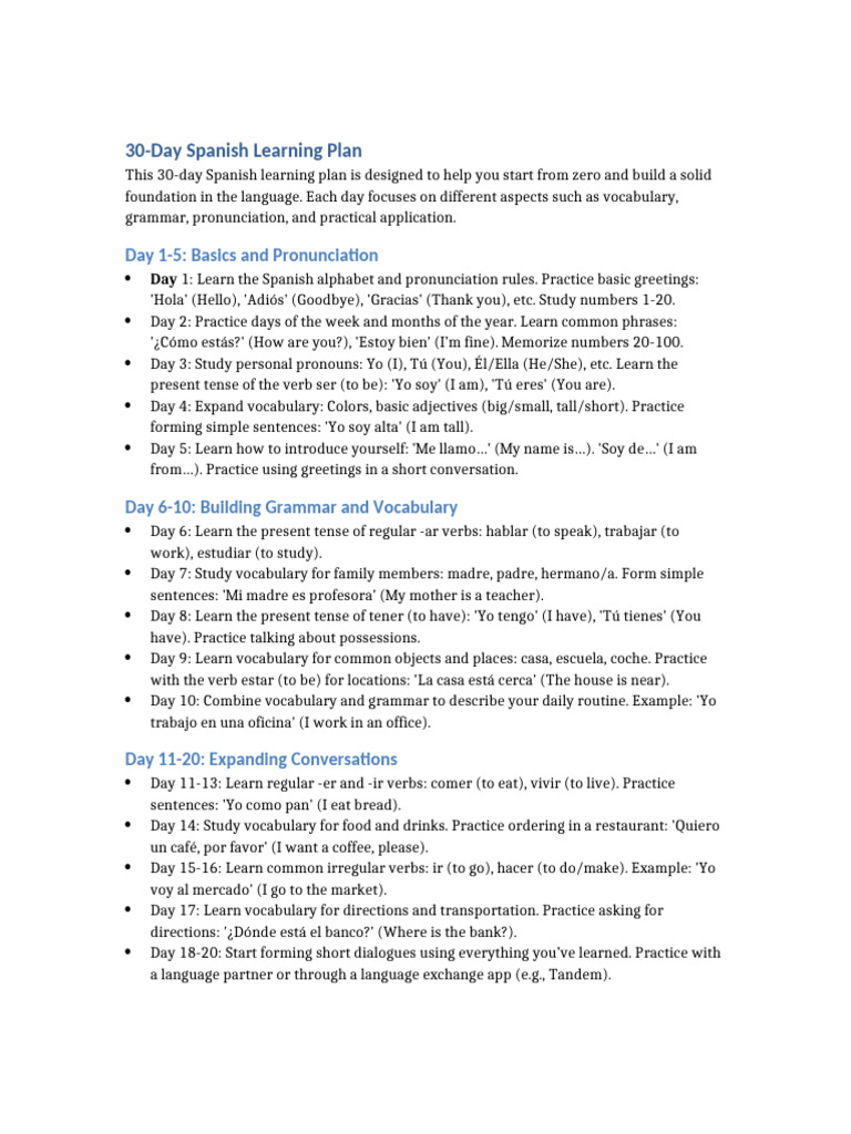 30 Day Spanish Learning Plan | PDF | Linguistics | Grammar