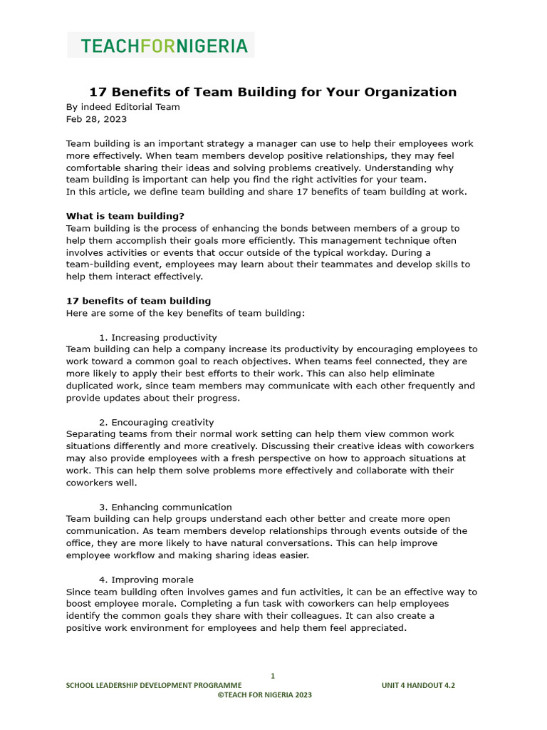Handout 4.2 - 17 Benefits of Team Building for Your Organization.docx ...