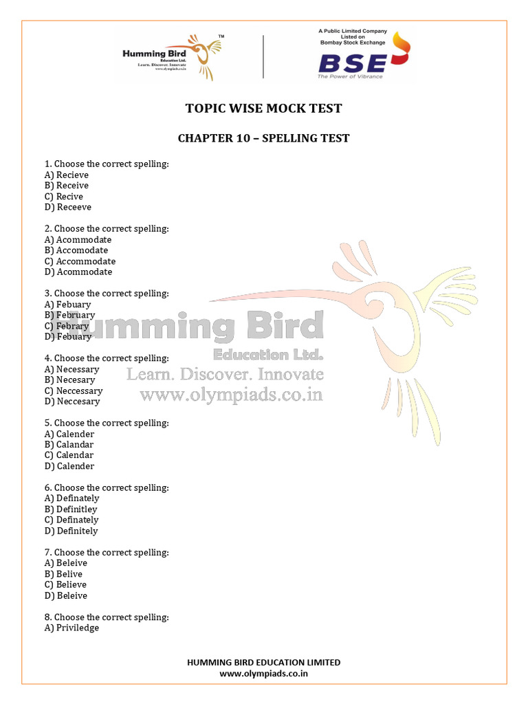 Spelling Test Mock Questions | PDF