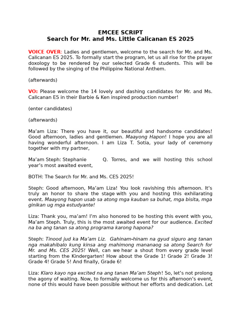 Emcee Script - Mr. and Ms. Ces 2025 | PDF | Etiquette | Dress Codes
