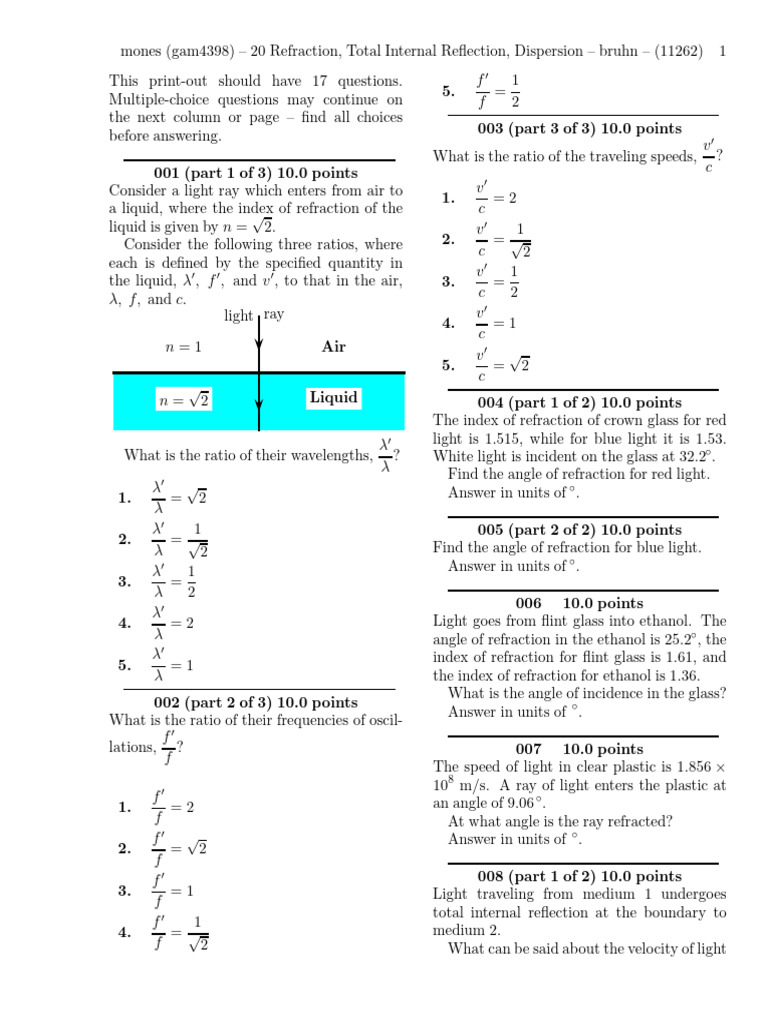 20 Refraction, Total Internal Reflection, Dispersion-Problems | PDF ...
