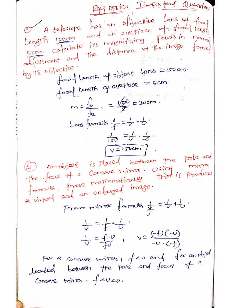Ray & Wave Optics Important Questions | PDF