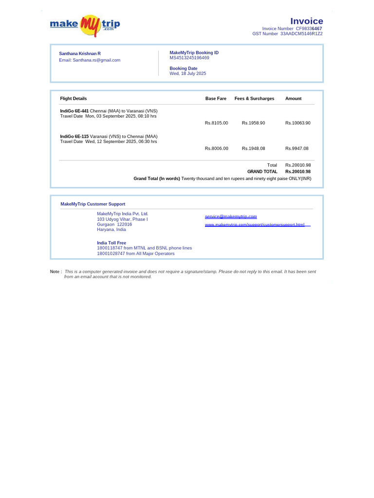 Flight Booking Invoice | PDF