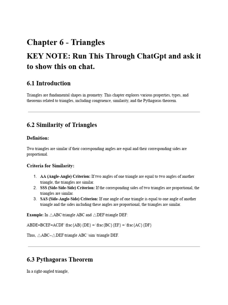 Chapter 6 - Triangles Class 10 Maths - Google Docs | PDF | Triangle | Mathematics