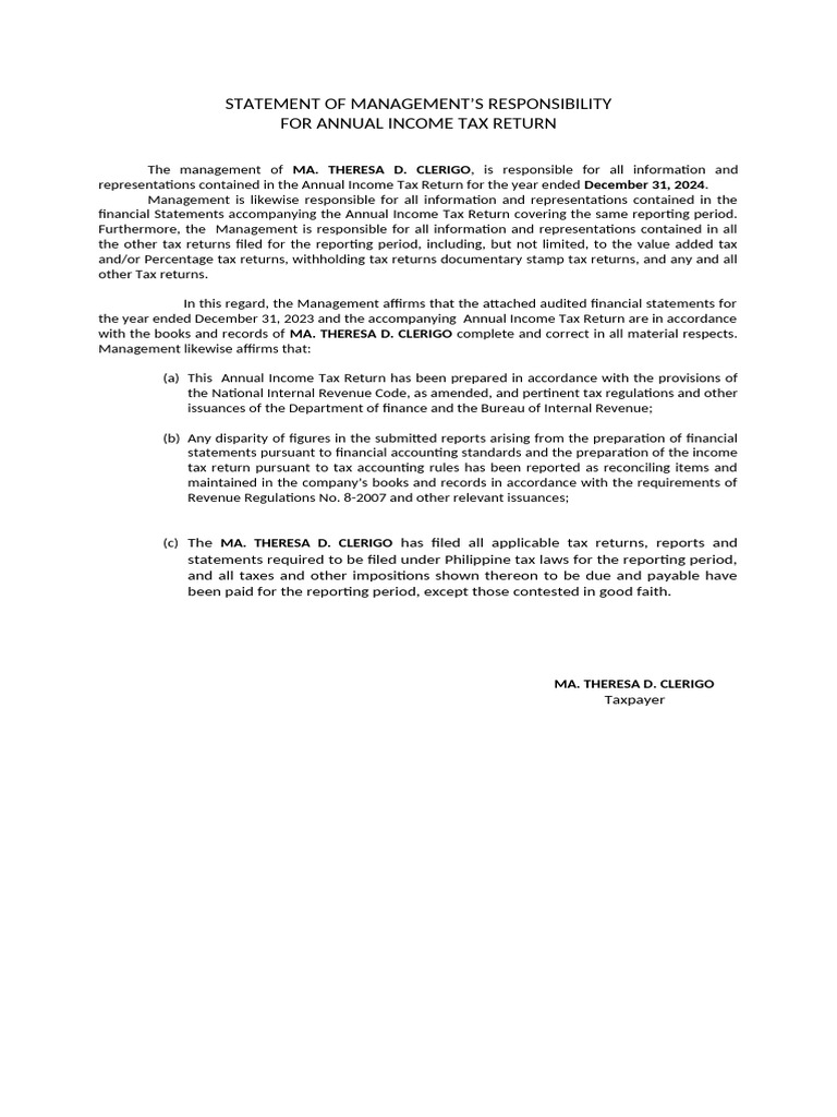 Management's Tax Return Responsibility Statement | PDF