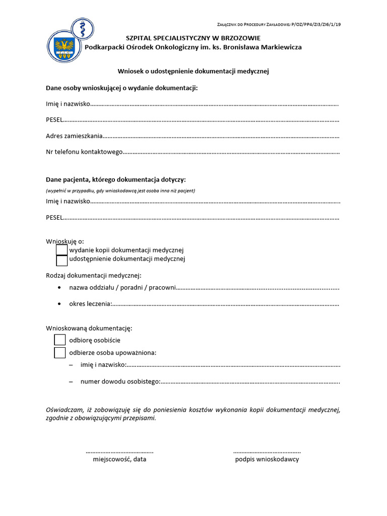 Wniosek o Udostepnienie Dokumentacji Medycznej2 | PDF