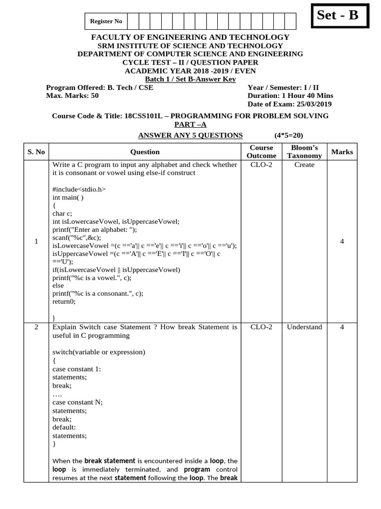 CT-II Set - B Answer Key | PDF | Control Flow | Parameter (Computer ...