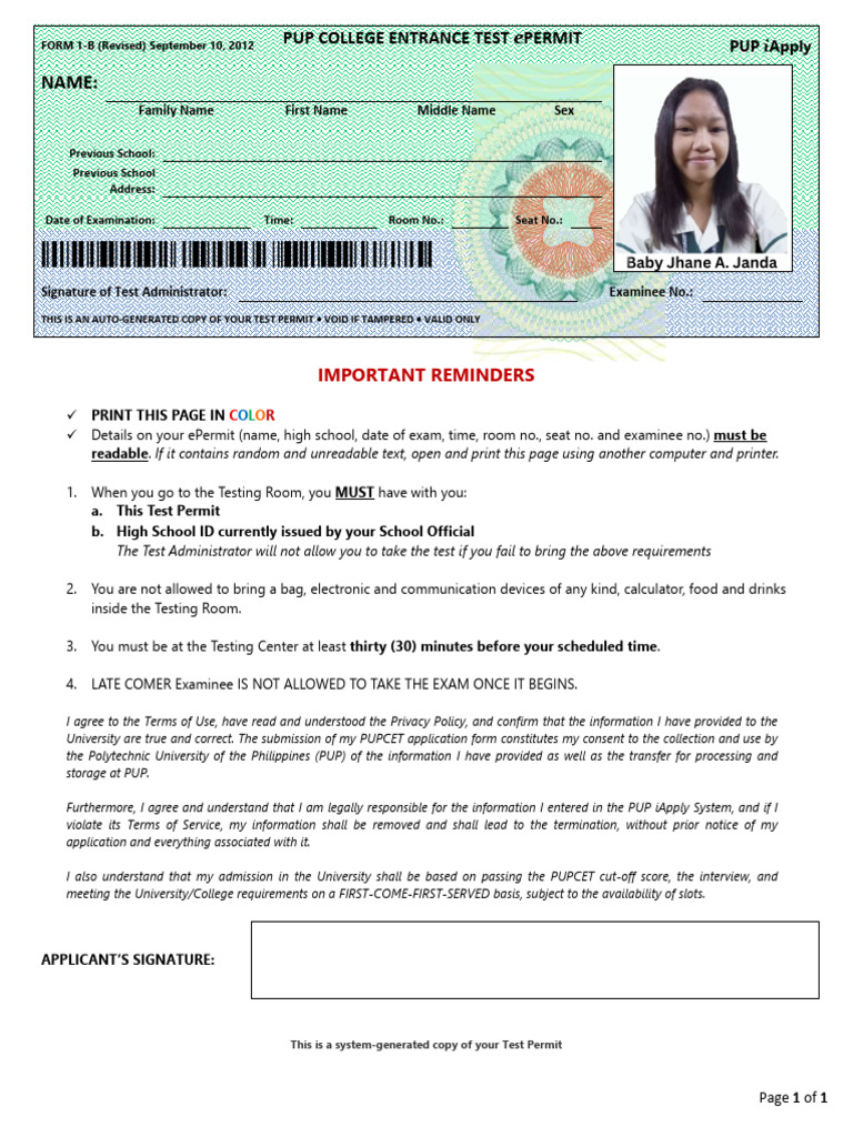 PUP College Entrance Test ePermit 2025 | PDF