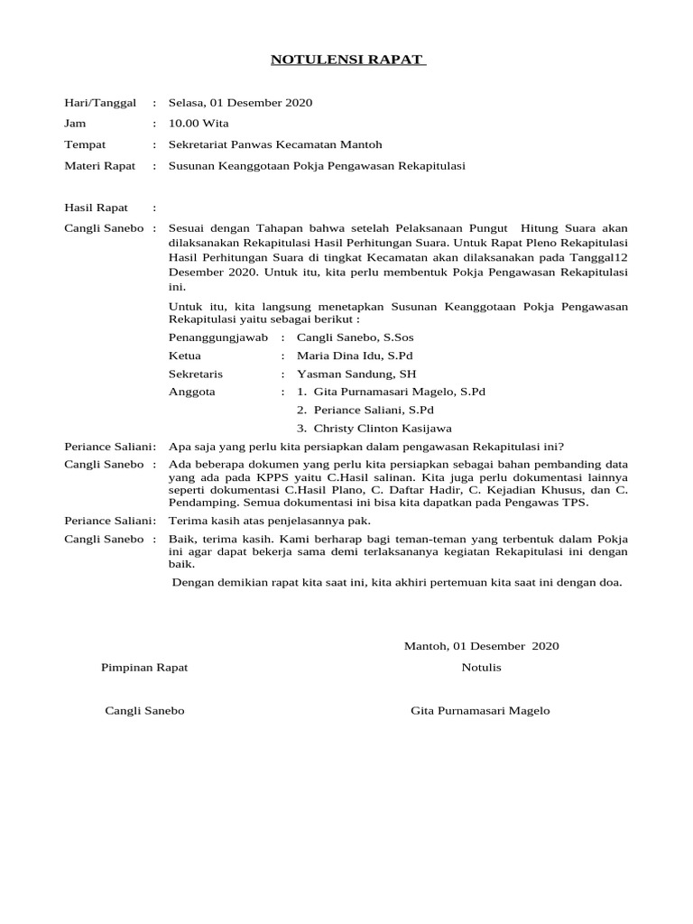 NOTULENSI RAPAT REKAPITULASI | PDF