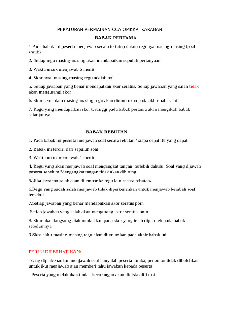 Peraturan Permainan Cca Omkkr Karaban | PDF