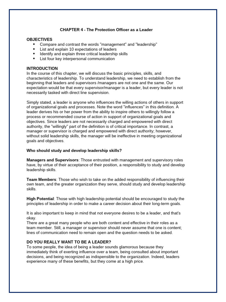 CHAPTER 04 The Protection Officer As A Leader | PDF | Leadership ...