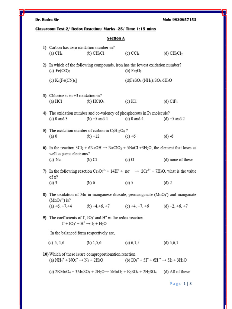 Classroom Test - 2 - XI - Redox Reaction | PDF | Redox | Chemistry