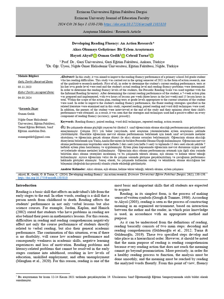Developing Reading Fluency: An Action Research Hayati Akyol Cebrail Turna | PDF | Reading ...