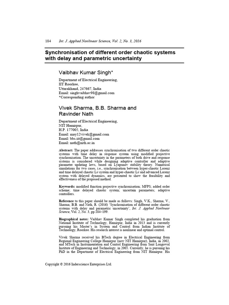 Synchronization Of Different Order Chaotic Systems Pdf Chaos Theory Mathematical Physics