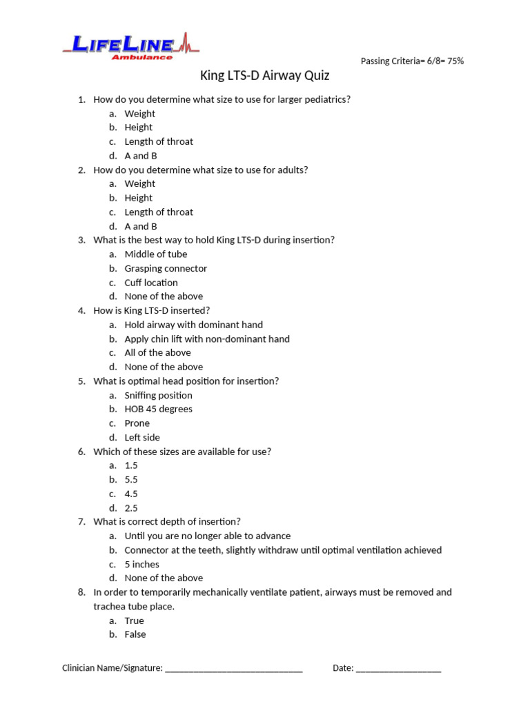 King LTS-D Airway Quiz Guide | PDF