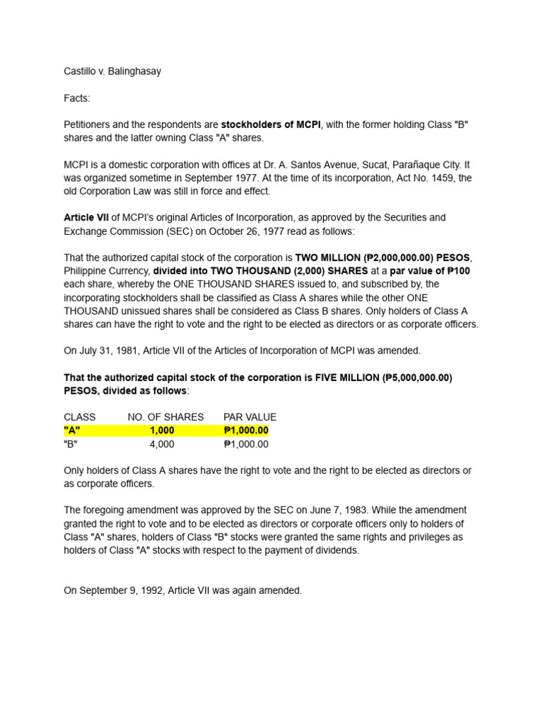 Castillo Vs Balinghasay | PDF | Corporations | Suffrage