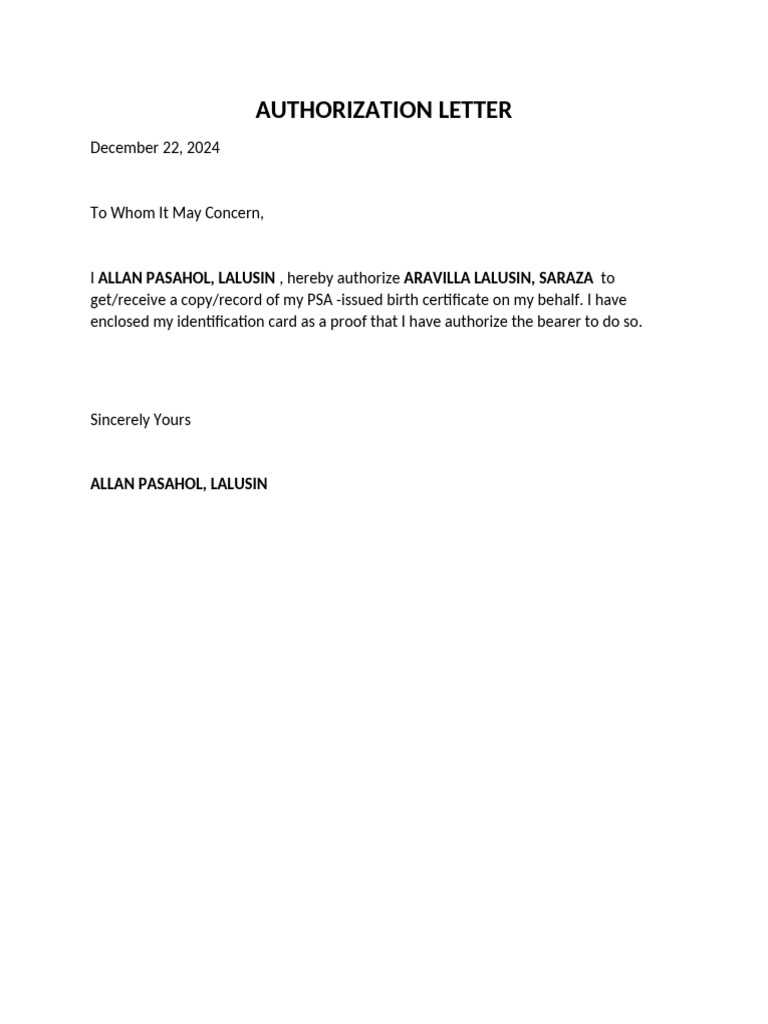 Authorization Letters for PSA Documents | PDF