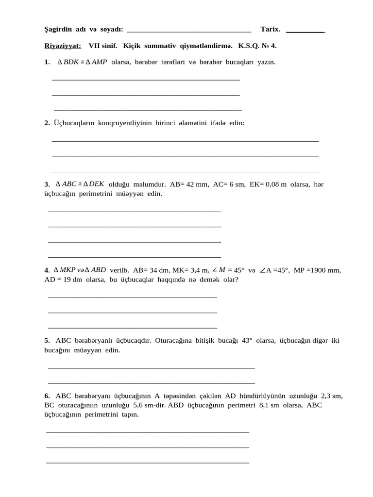 7-Ci Sinif Riyaziyyat KSQ 4 | PDF