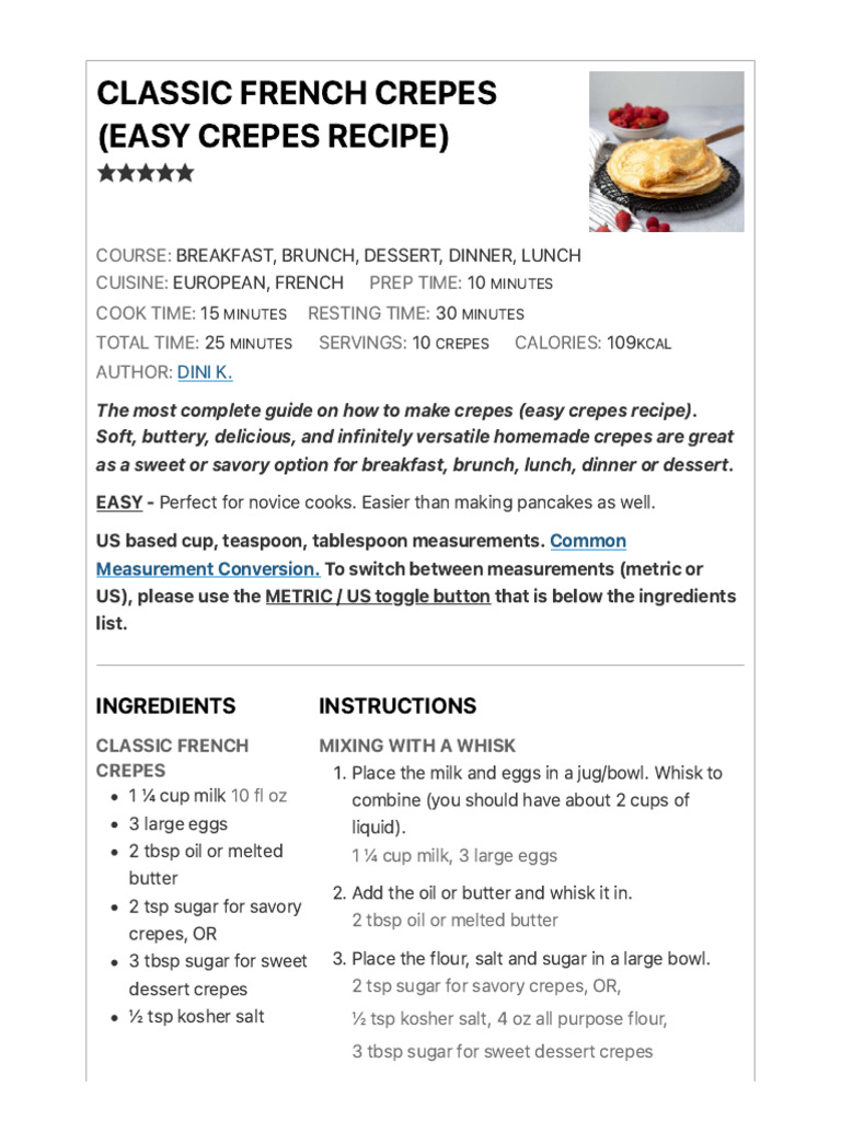 Classic French Crepes Recipe Guide | PDF | Tablespoon | Batter (Cooking)