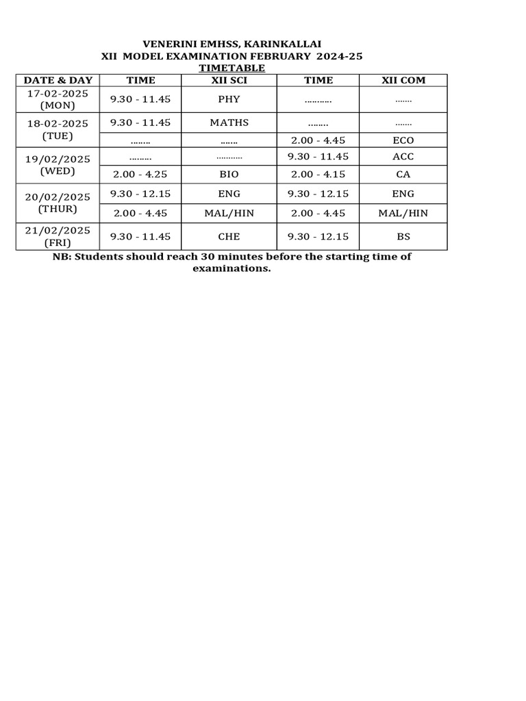 XII Model Exam Timetable February 2025 | PDF