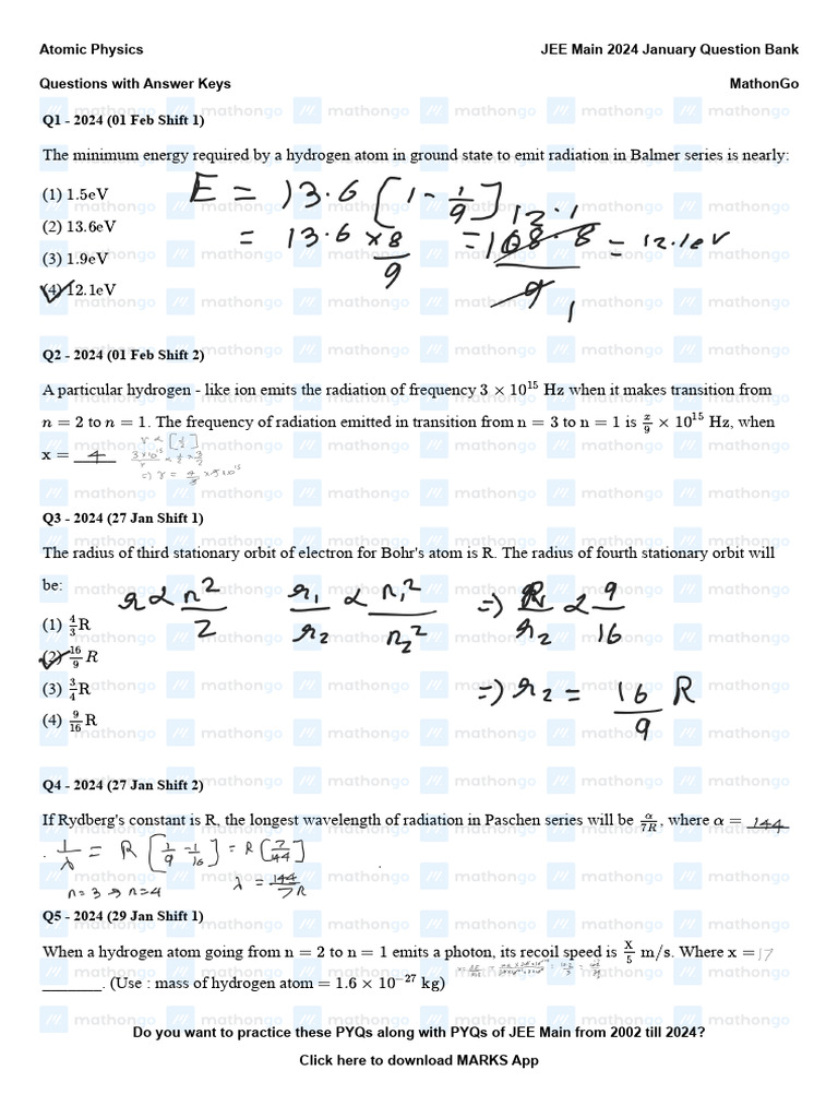 JEE Main 2024 Atomic Physics Questions | PDF | Atoms | Electron