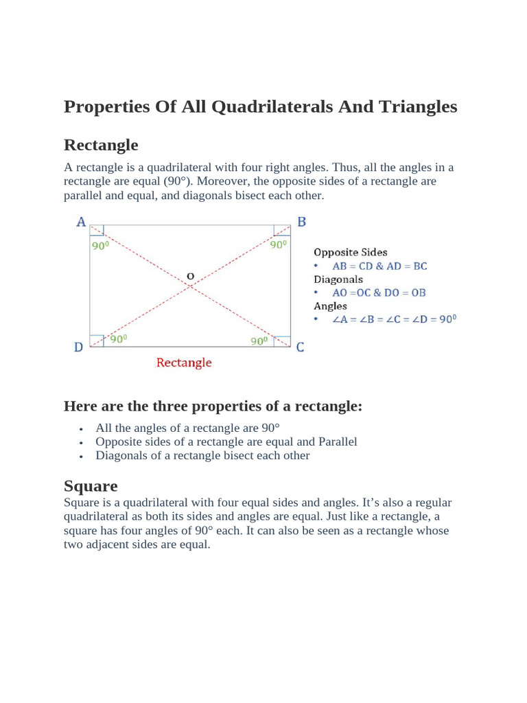 Properties Of All Quadrilaterals And Triangles Rectangle | PDF