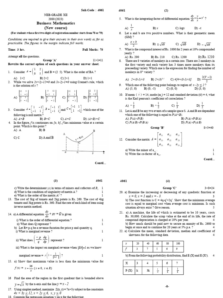 NEB Class 12 Business Math 2080 Question Paper | PDF | Mathematical ...