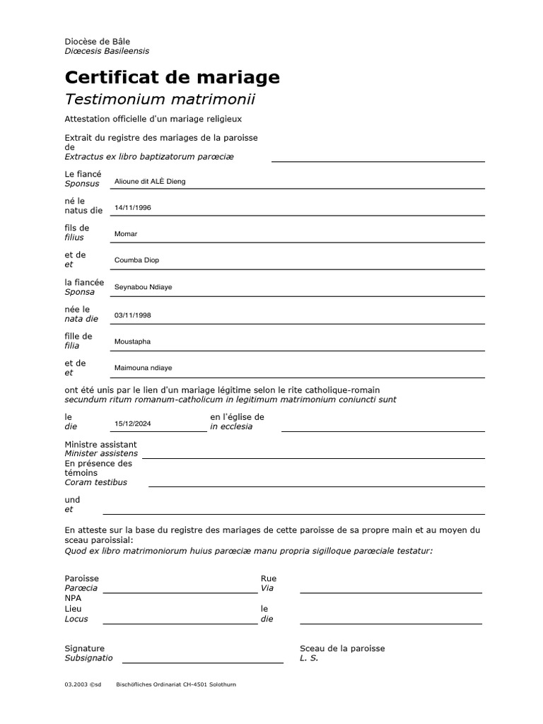 Mariage - Certificat de Mariage - Formulaire Manuscrit 03.2003 | PDF