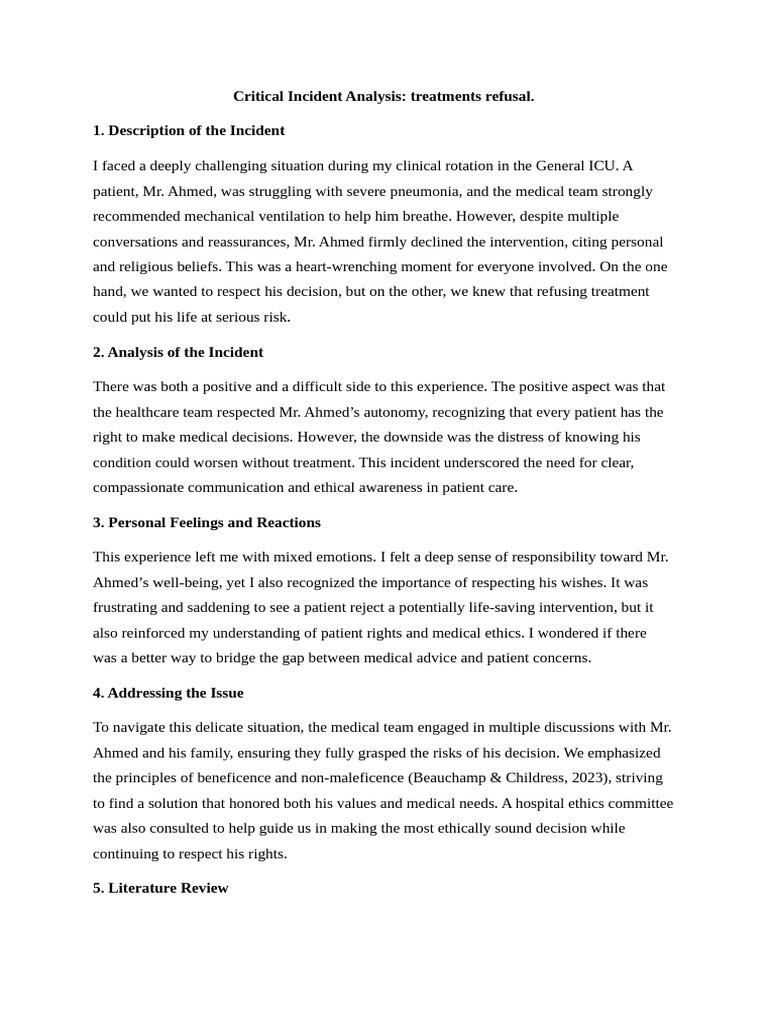 Critical Incident Analysis Weeek 1o | PDF | Medical Ethics | Autonomy