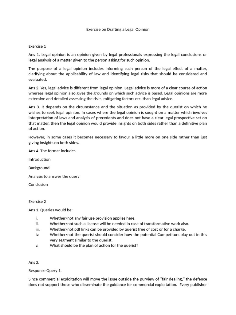 Exercise On Drafting A Legal Opinion | PDF | Fair Use | Copyright