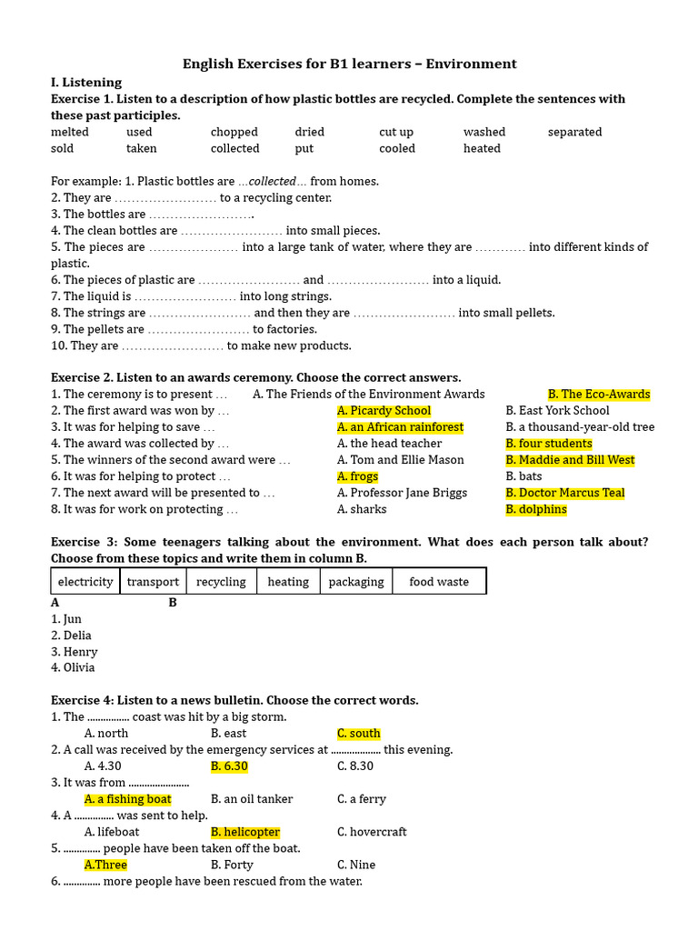 B1 Listening Exercises on Environment | PDF | Environmental Issues ...