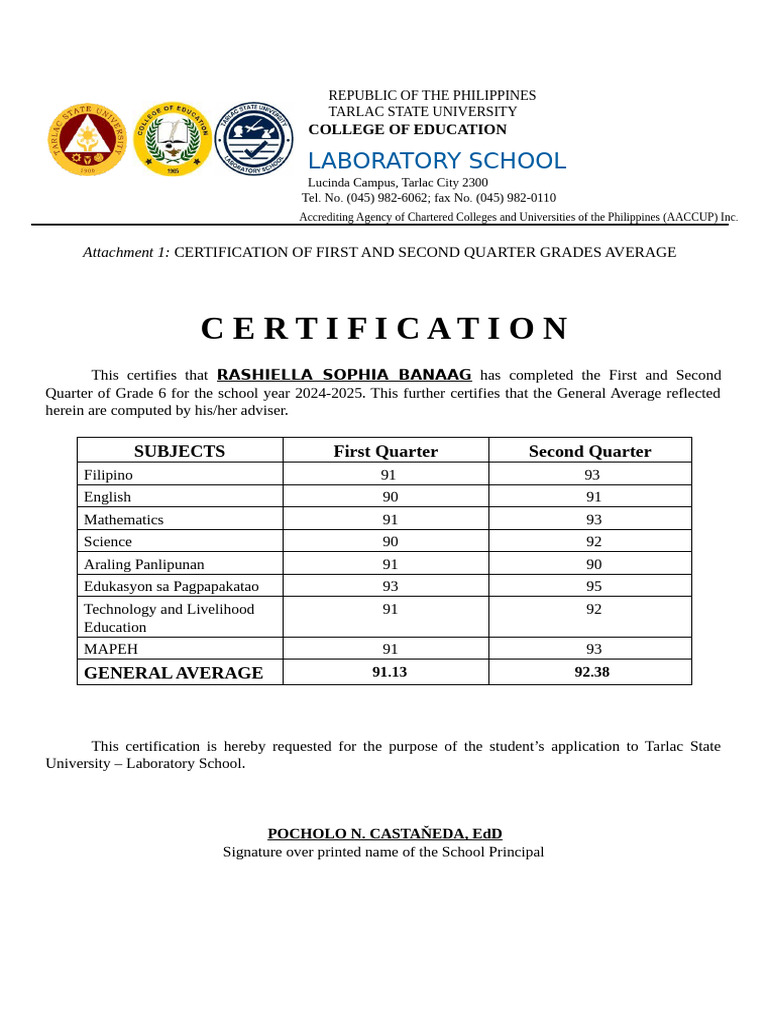 Grade 6 Certification for TSU Application | PDF