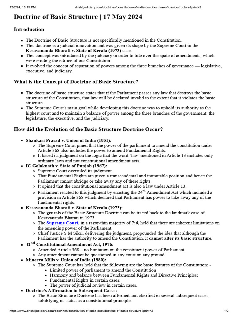 D. of Basic Structure | PDF | Statutory Law | Separation Of Powers
