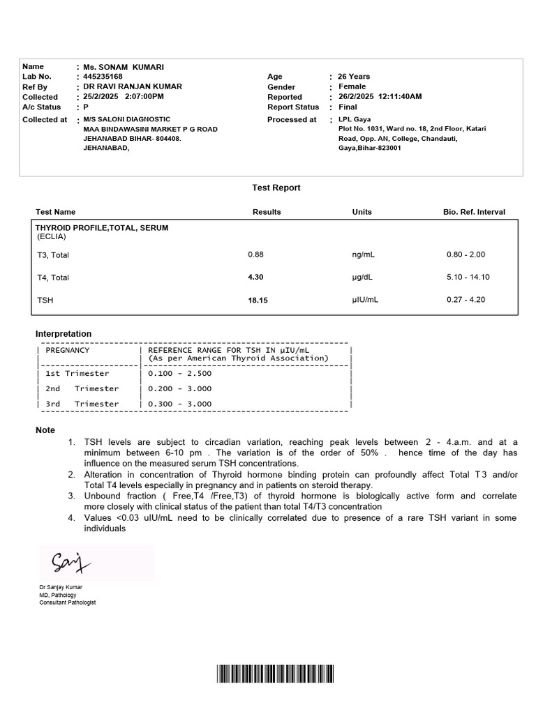 Thyroid Profile Test Report for Sonam Kumari | PDF | Thyroid ...