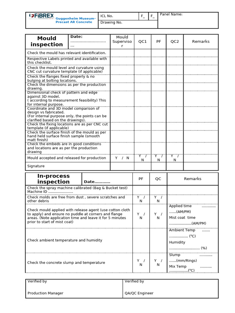 Precast AR Fibre - Inspection Checklist | PDF | Materials | Building ...