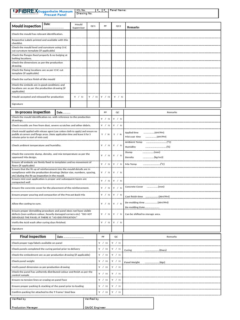 Precast - Inspection Checklist | PDF | Concrete | Secondary Sector Of ...