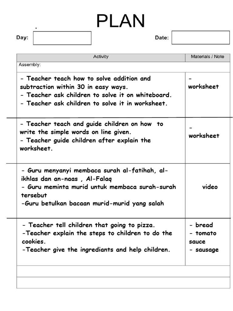 Classroom Activities: Quran, Cooking, Math | PDF