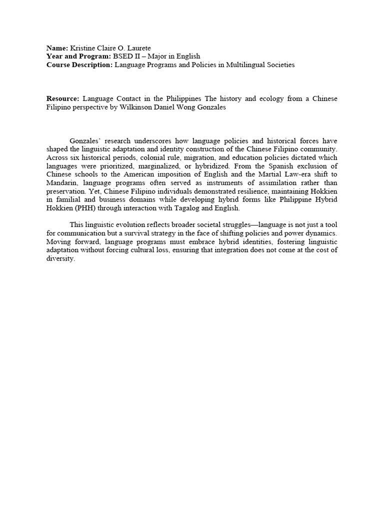 LAURETE ASSIGNMENT PASHNEA GIKAPOY KO | PDF | Multilingualism | Philippines