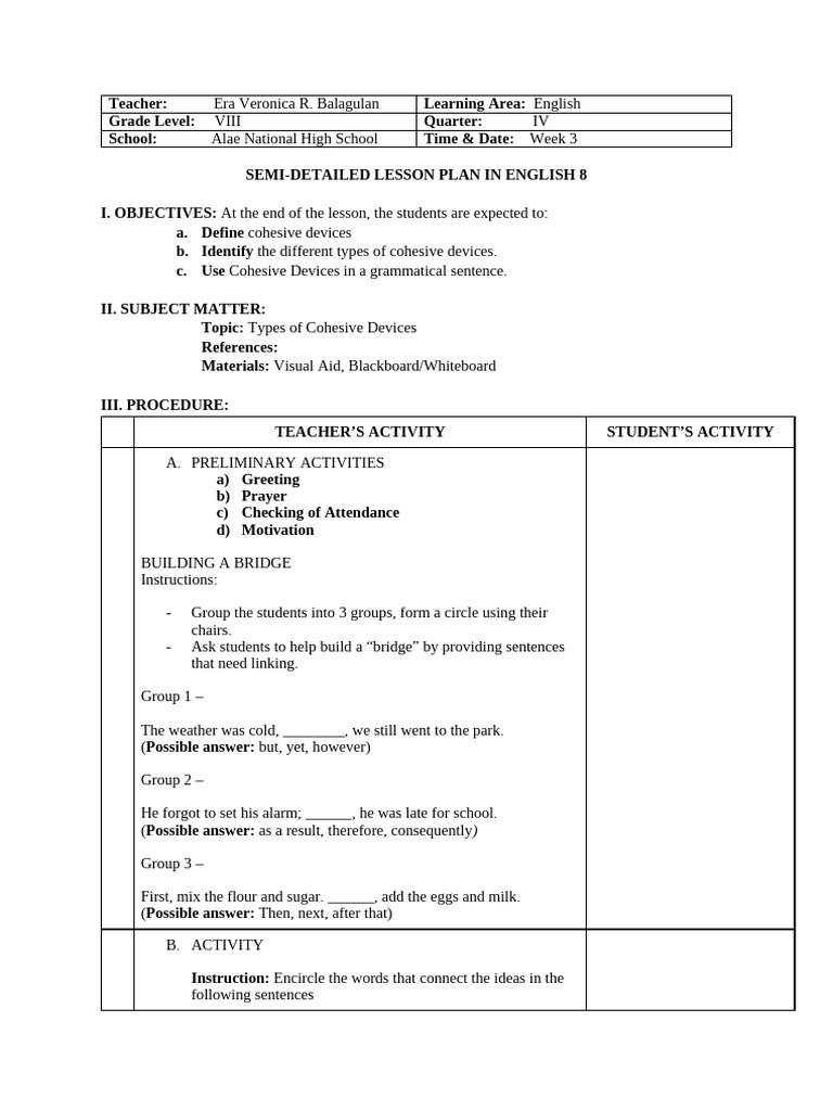 Lesson Plan 8 Cohesive Devices | PDF